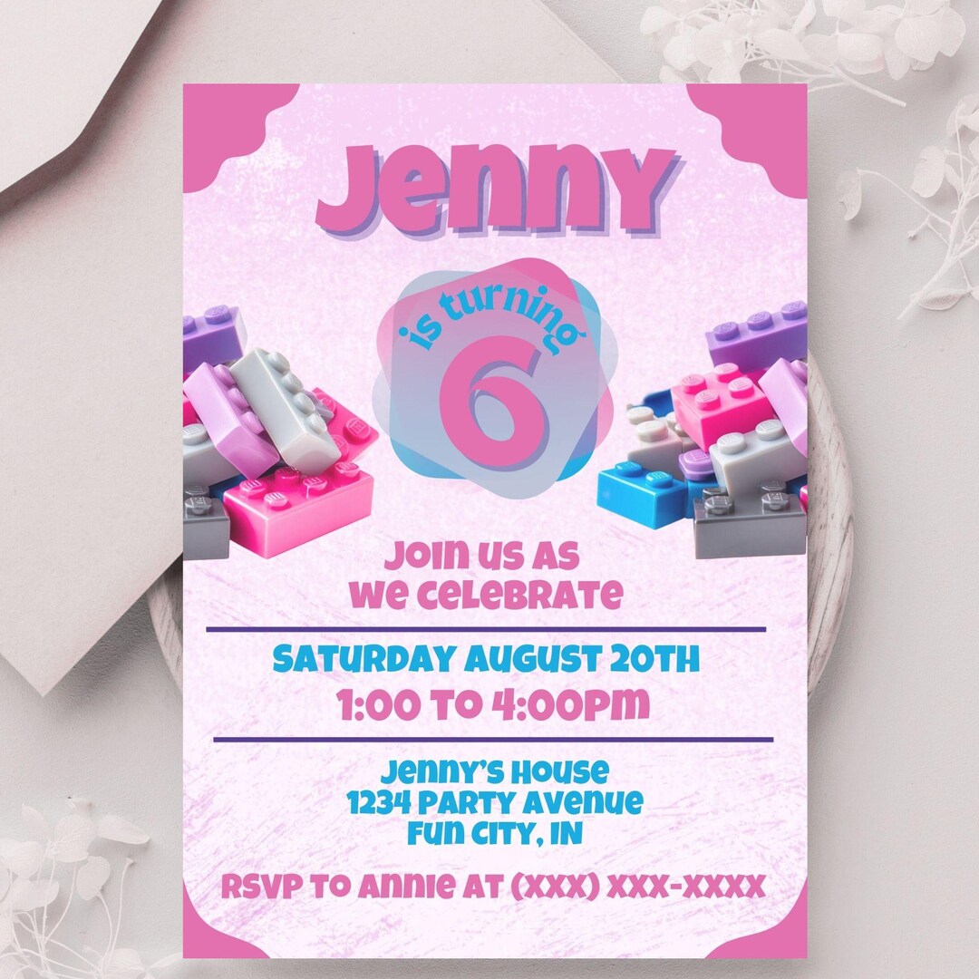 Building Blocks Birthday Invitation Girl, Building Bricks Kids Birthday ...