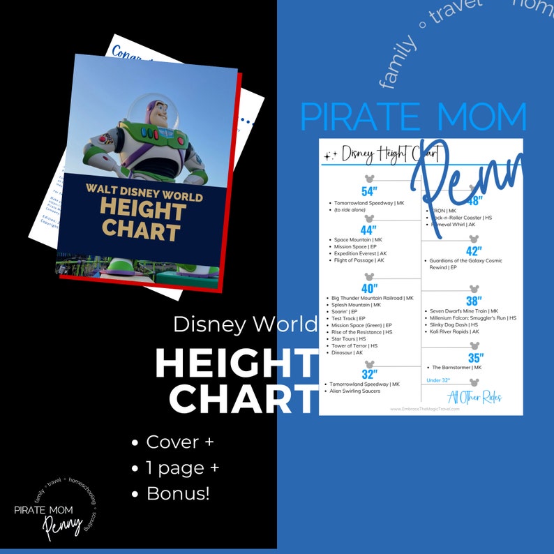 WDW Height Chart for Park Rides & Attractions, Theme Parks, Instant PDF ...