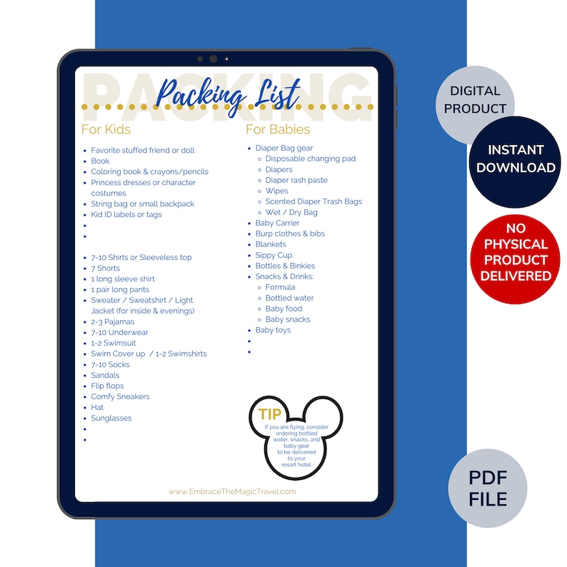 WDW Ultimate Packing Checklist Pages, Kids Baby Park Bag Adults ...