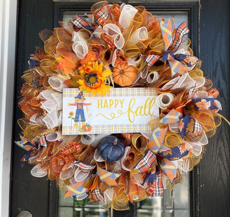 Happy Fall Scarecrow Wreath | Plaid and Flannel Fall Wreath | Pumpkin ...
