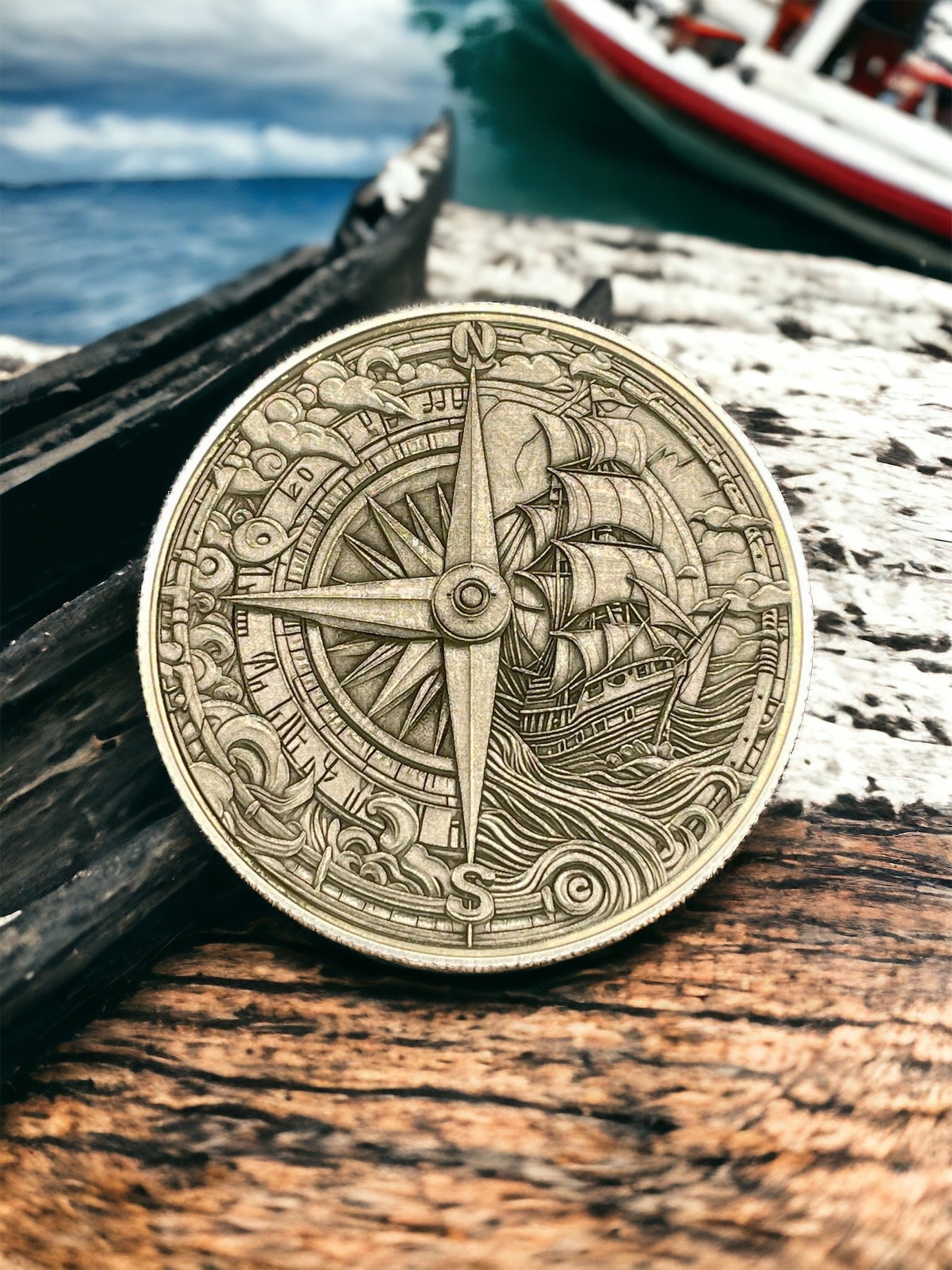Voyager's Duality - Brass Coin With Compass and Pirate Ship (50mm ...