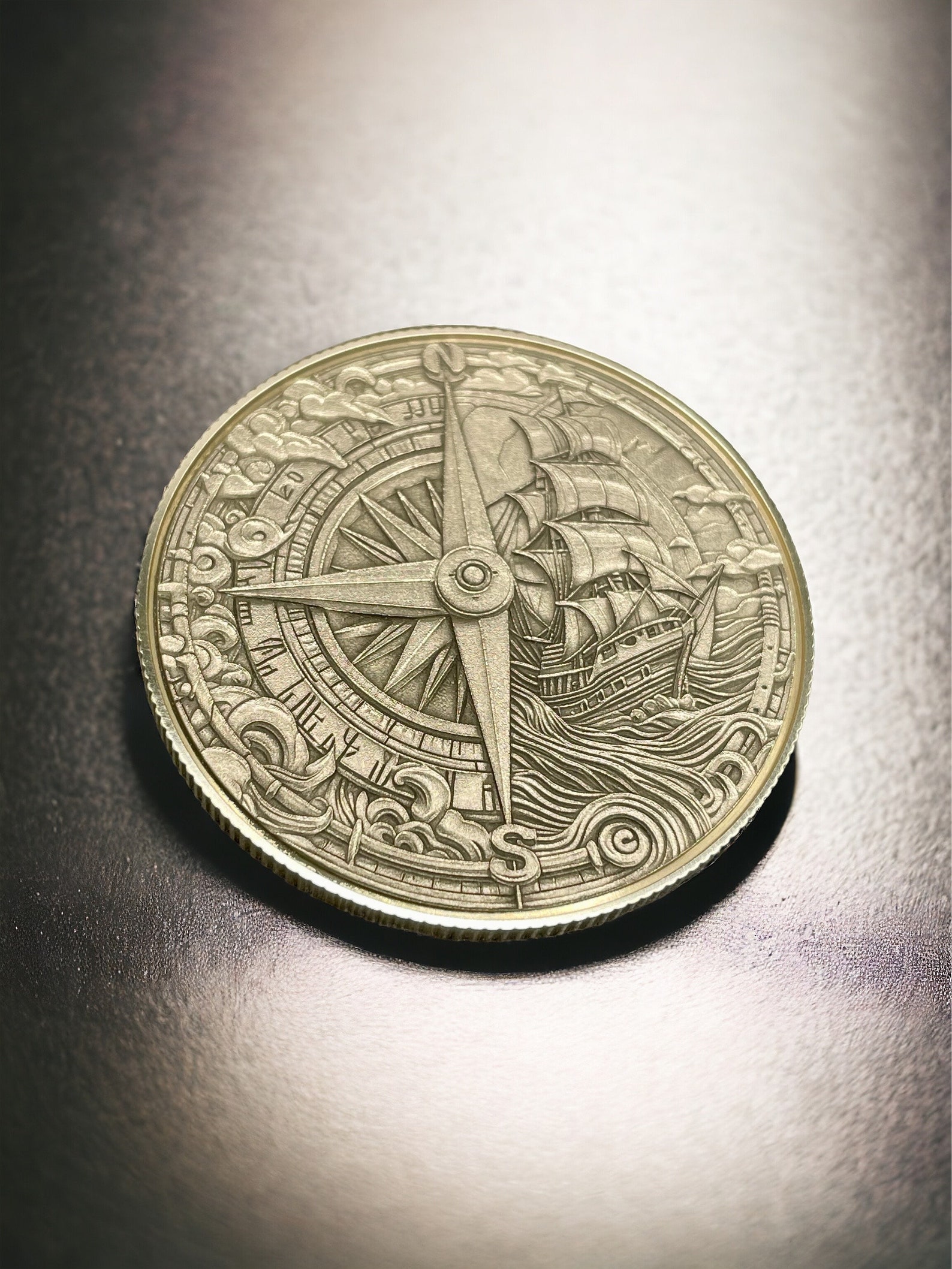 Voyager's Duality - Brass Coin With Compass and Pirate Ship (50mm ...