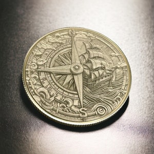 Voyager's Duality - Brass Coin With Compass and Pirate Ship (50mm ...