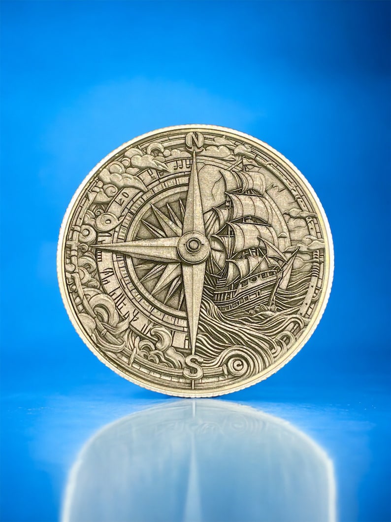 Voyager's Duality - Brass Coin With Compass and Pirate Ship (50mm ...