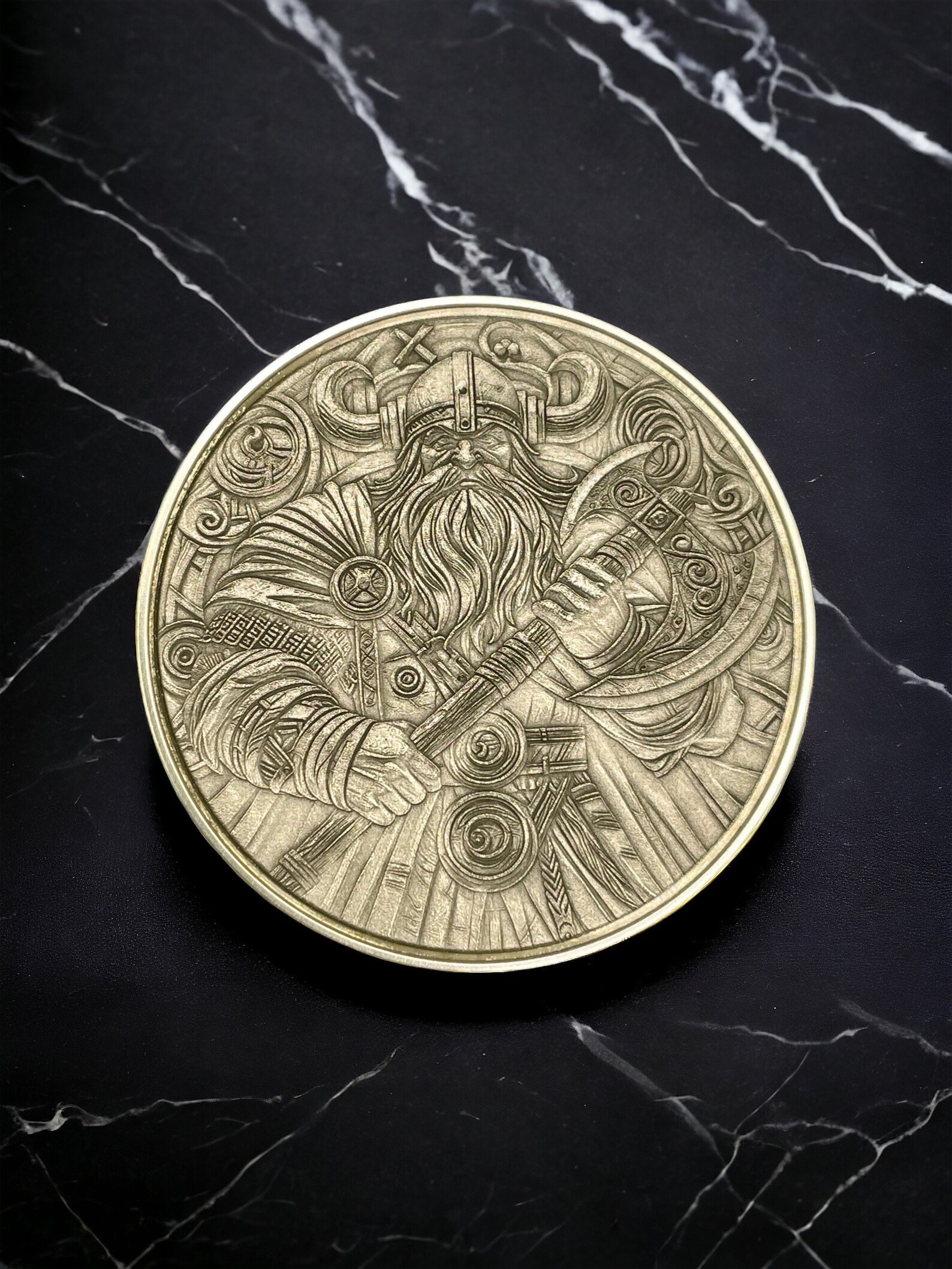 Nordic Valor - Brass Coin (50mm - Double Sided) With Viking Warrior ...