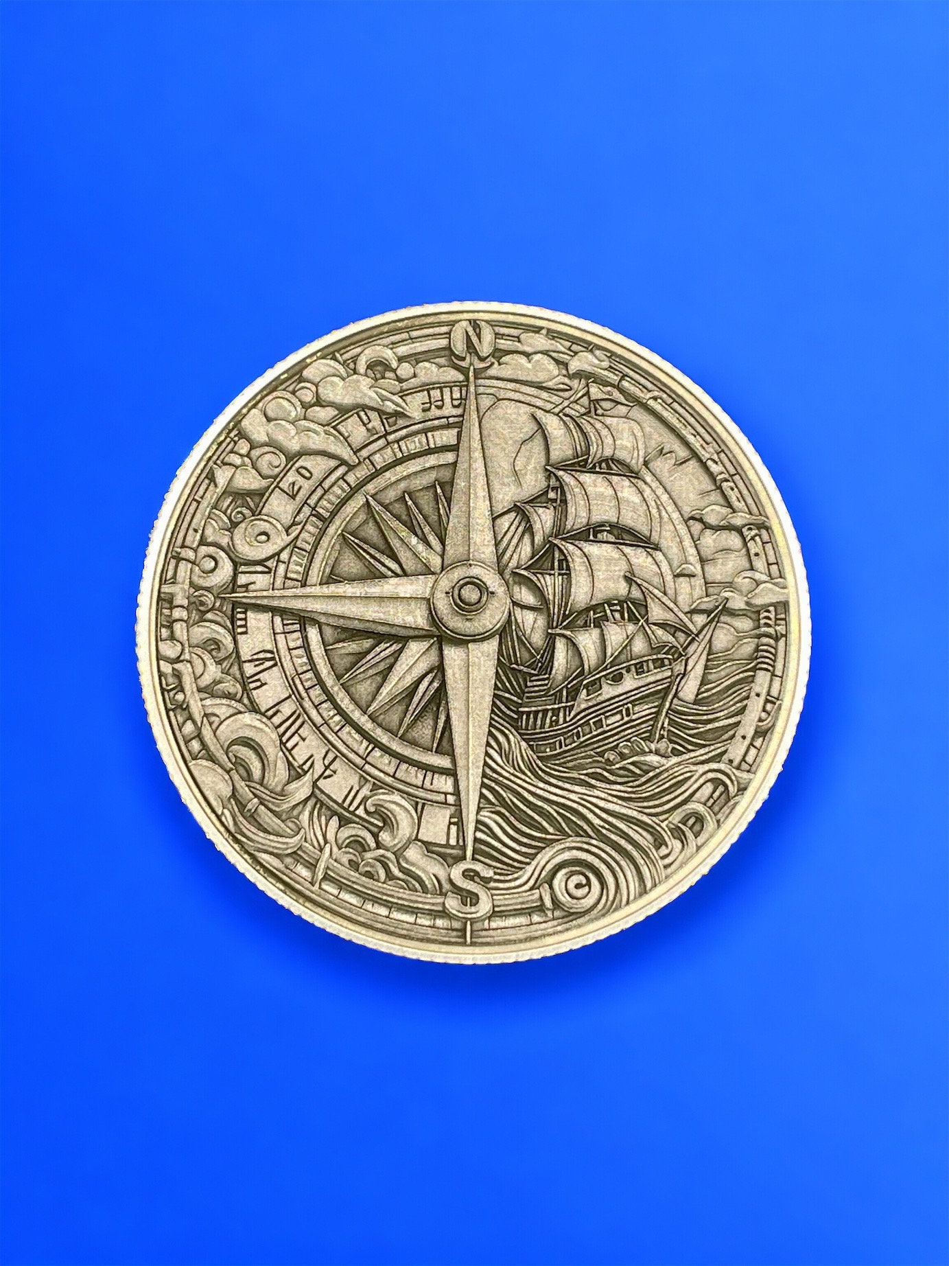 Voyager's Duality - Brass Coin With Compass and Pirate Ship (50mm ...