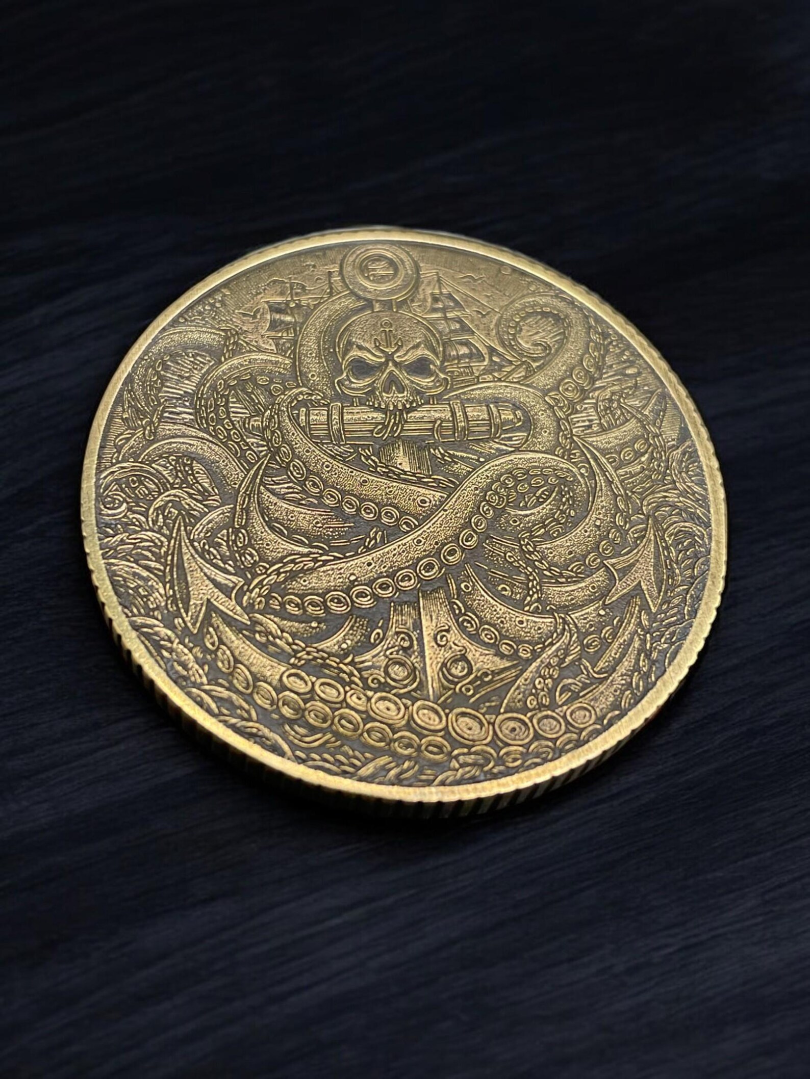 Kraken's Wrath: Double-sided 40mm Brass Coin With Engraved Sea Monster ...