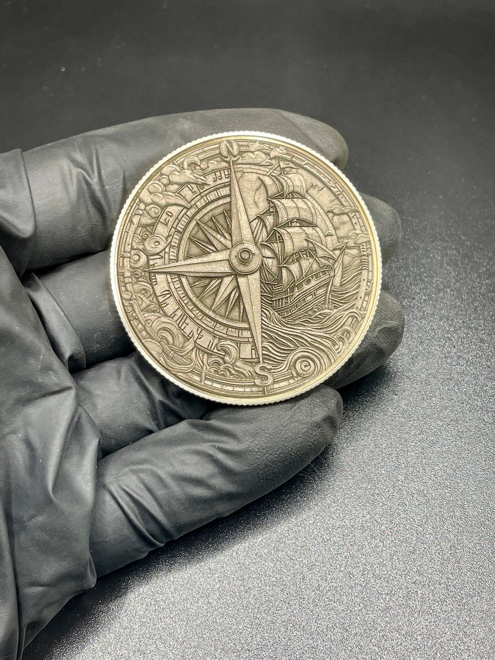 Voyager's Duality - Brass Coin With Compass and Pirate Ship (50mm ...