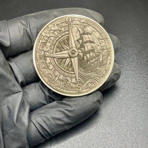 Voyager's Duality - Brass Coin With Compass and Pirate Ship (50mm ...