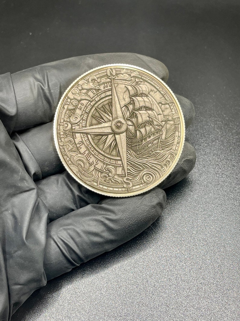 Voyager's Duality - Brass Coin With Compass and Pirate Ship (50mm ...