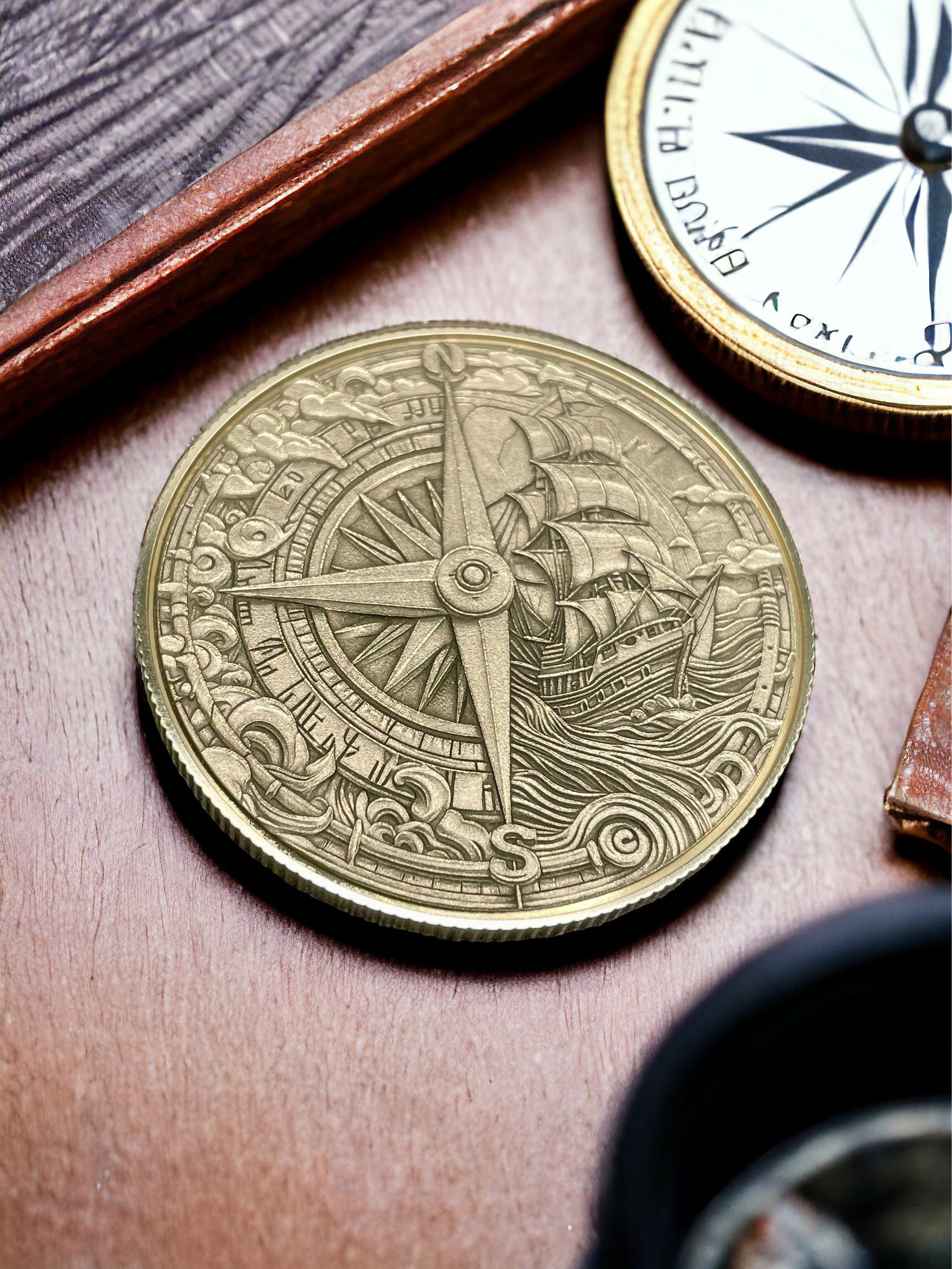 Voyager's Duality - Brass Coin With Compass and Pirate Ship (50mm ...