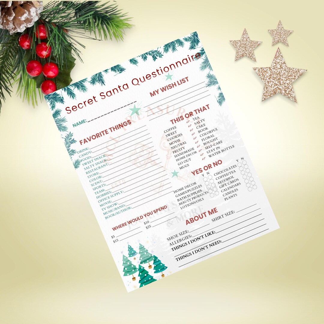 Cuestionario imprimible de amigo secreto, formulario de intercambio de ...