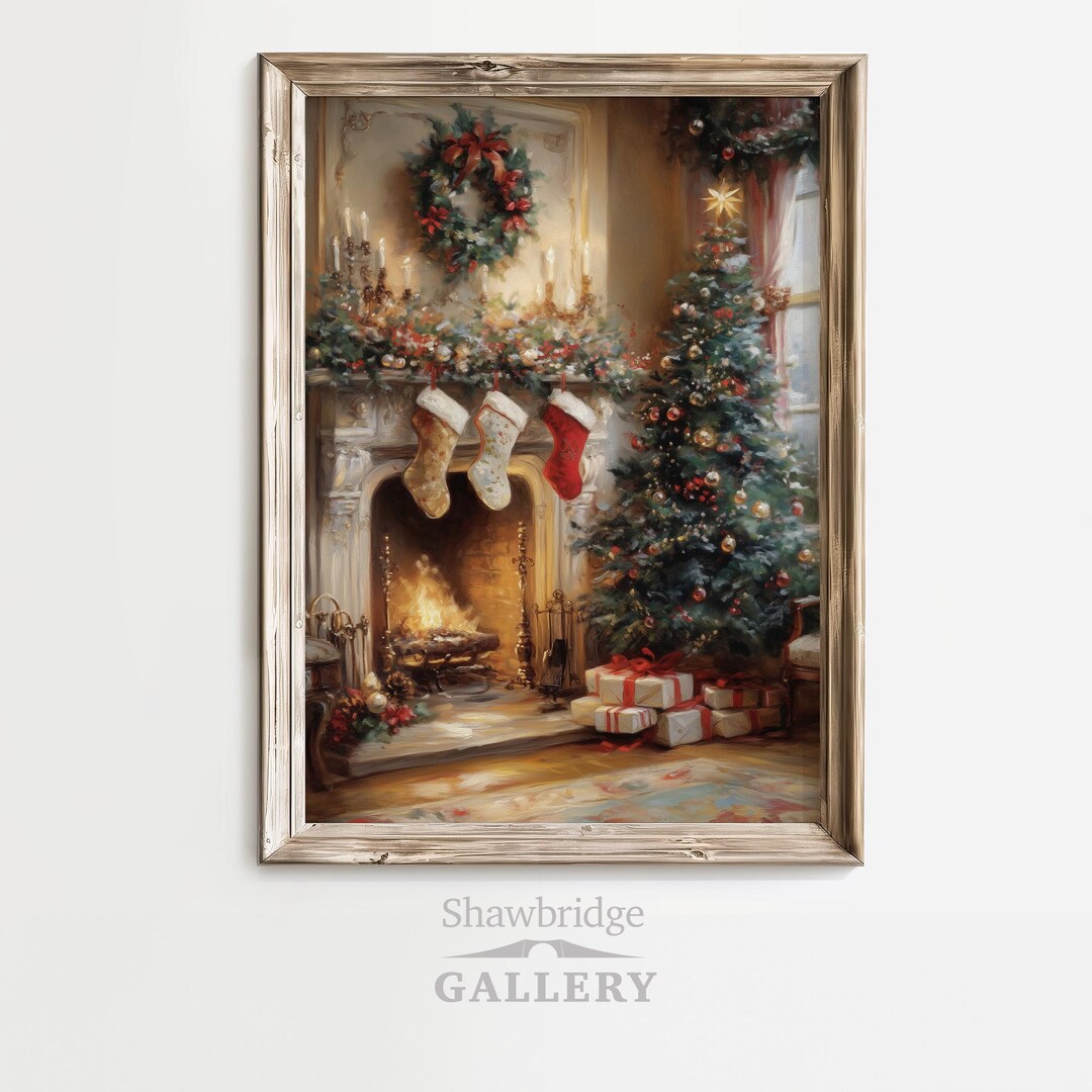 Vintage Christmas Fireplace Art Print, Cozy Holiday Wall Decor ...
