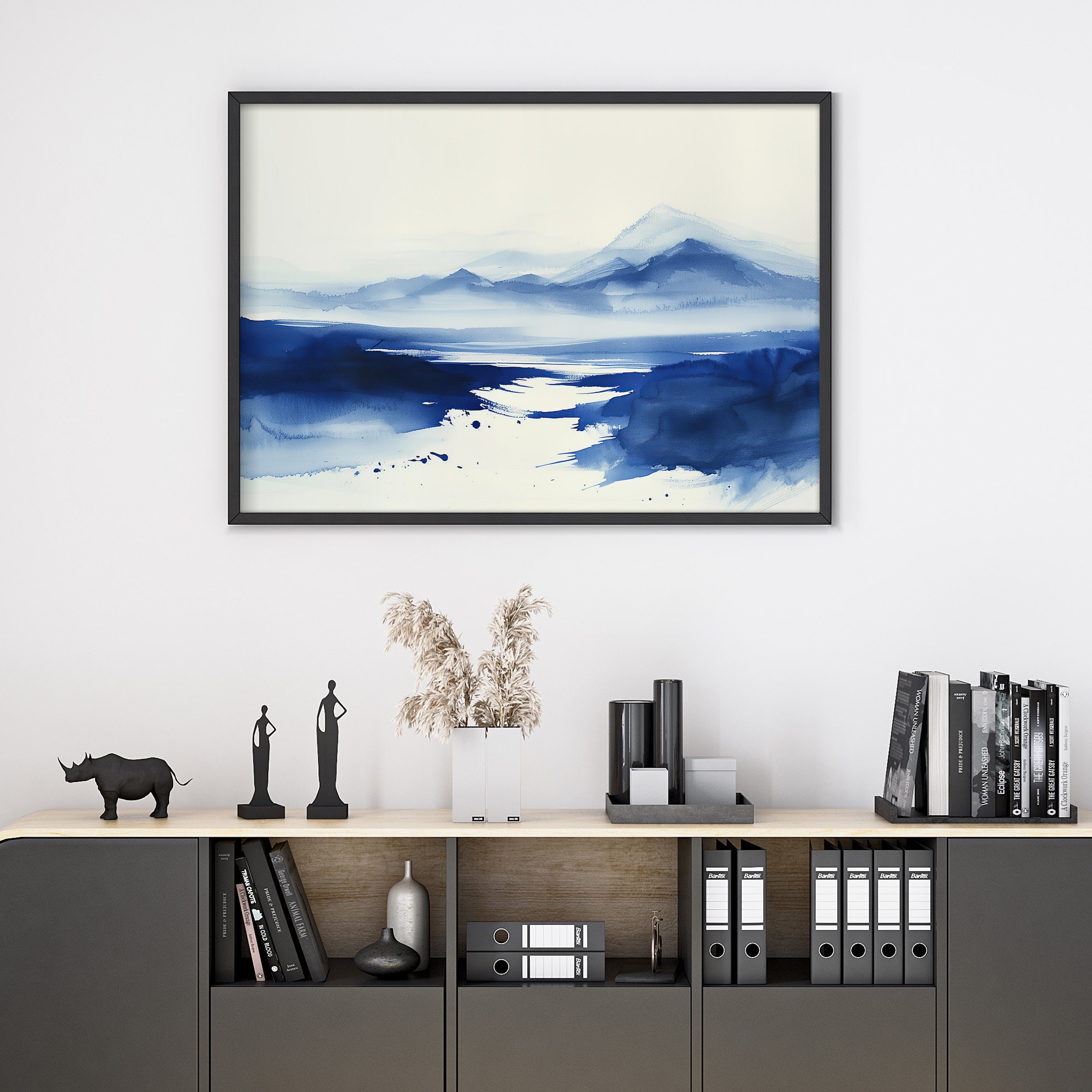 Blue Sumi-e Landscape Wall Art Download - Zen Ink Wash Print Download ...