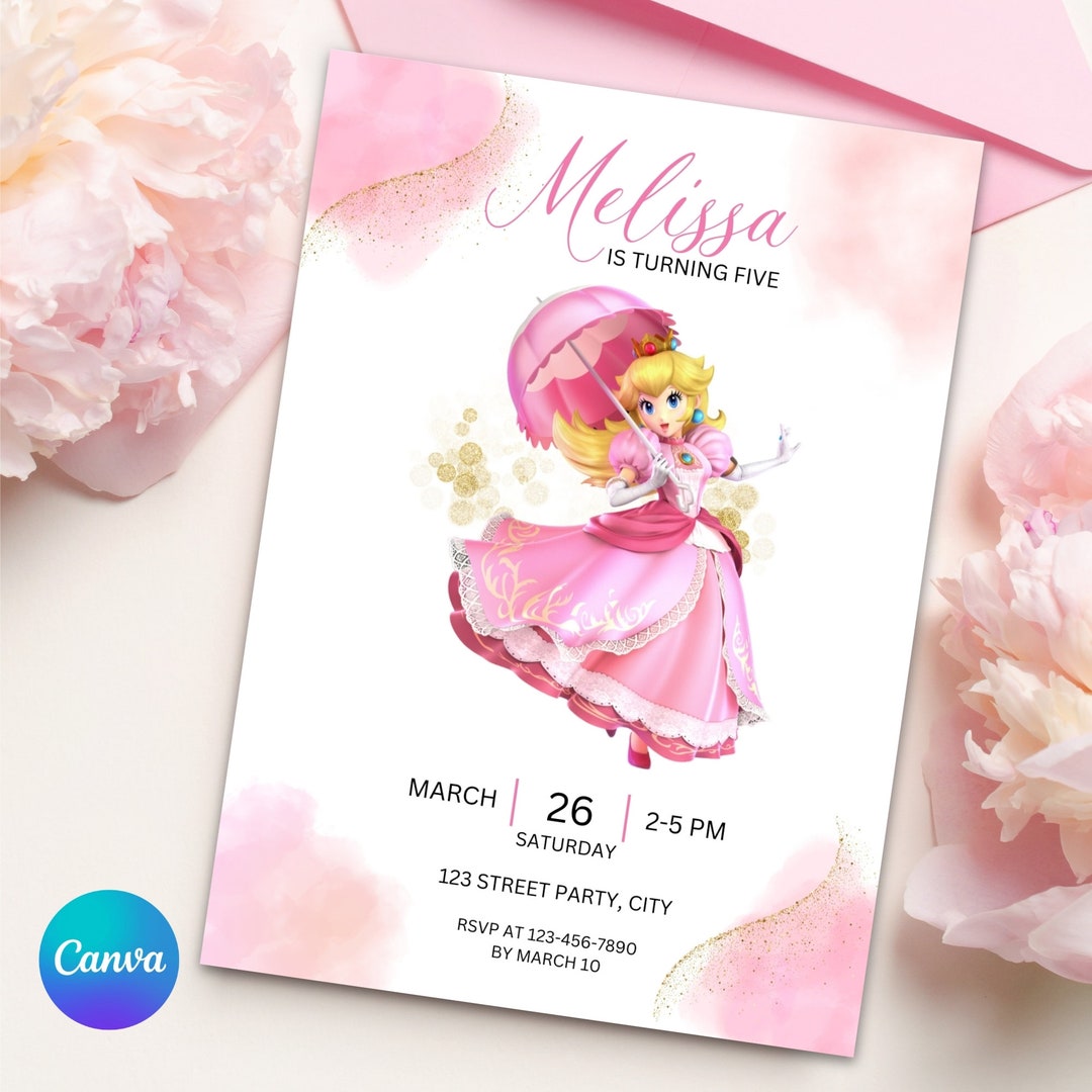 Princess Peach Birthday Invitation, Watercolor Princess Peach ...