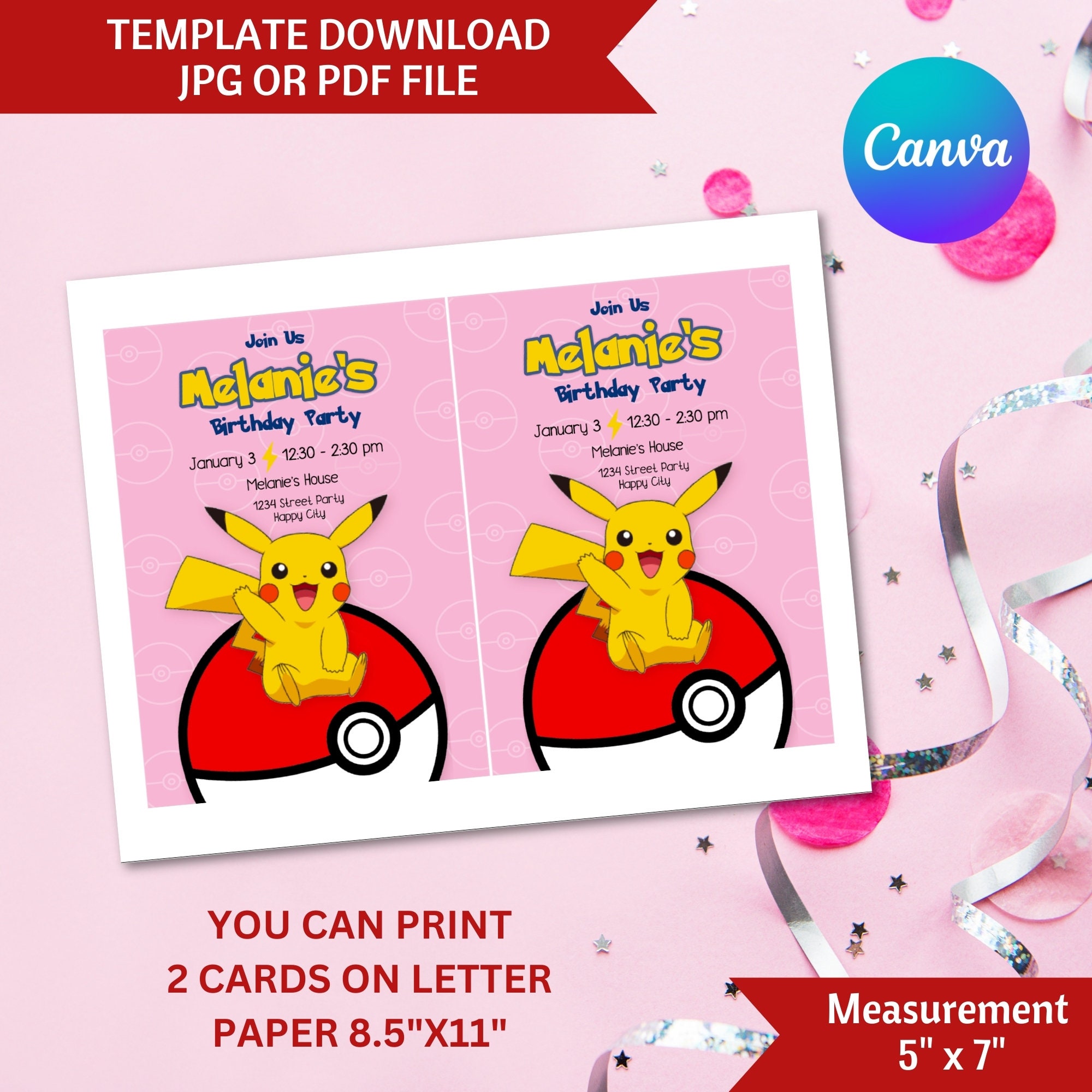 Pikachu Invite Pink, Theme Pokemon, Pikachu Invitation, Invite Instant ...