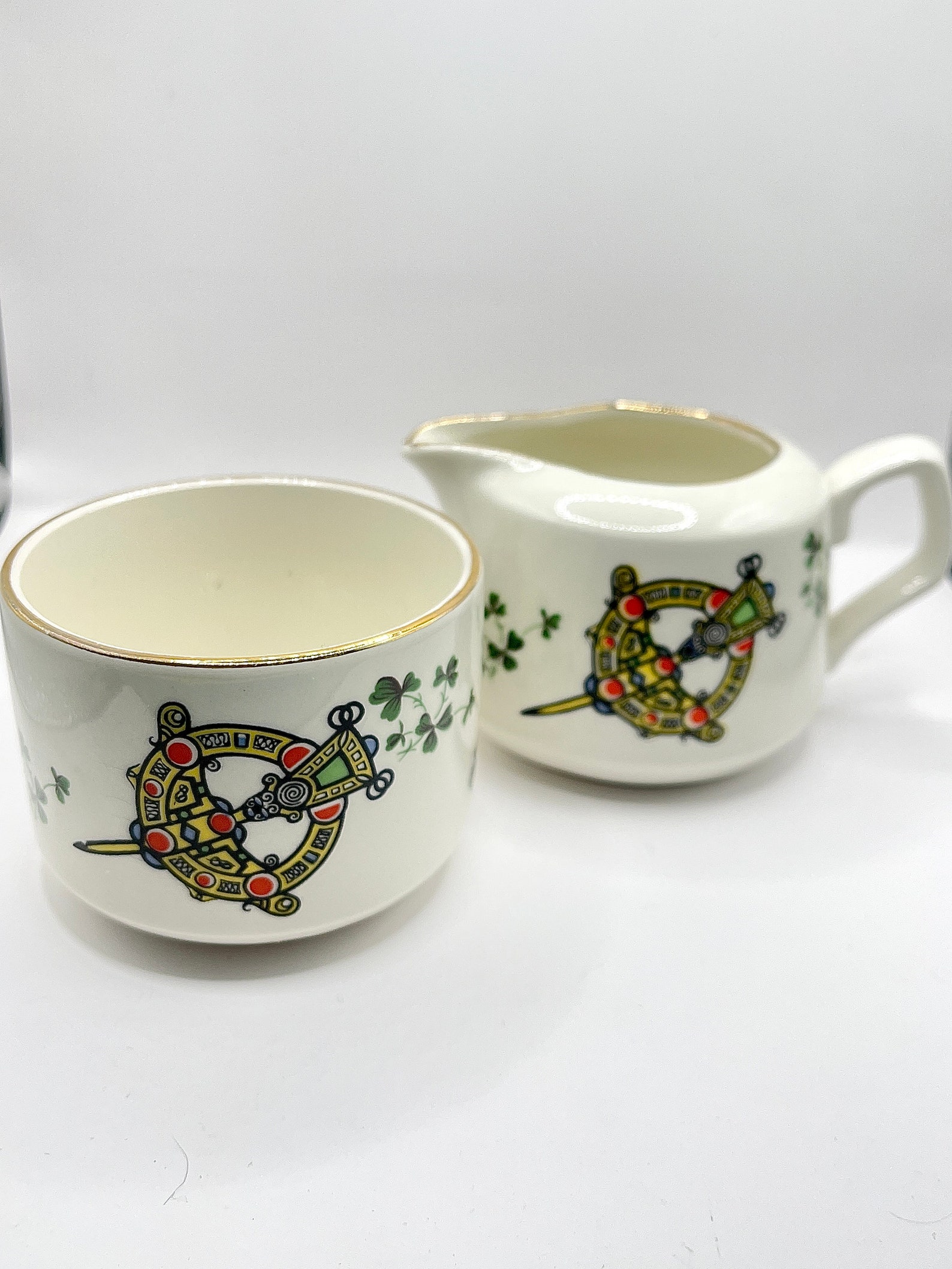 Celtic Clover Shamrock Creamer and Sugar Bowl SET Ireland Milk Jug and ...