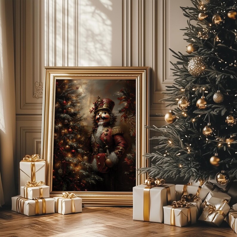 Regal Nutcracker Wall Art, Festive Christmas Tree Painting, Holiday ...