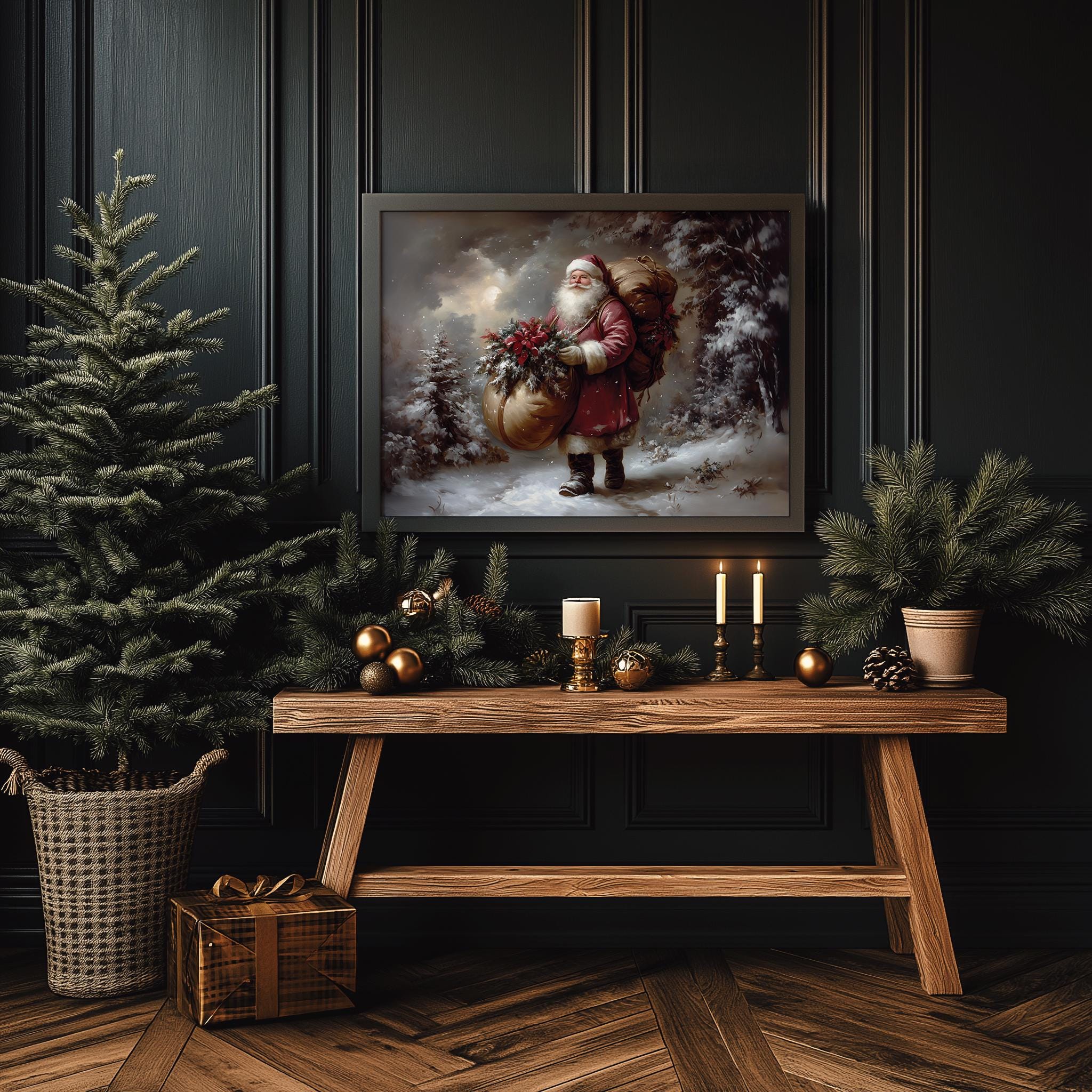 Santa Claus Christmas Wall Art, Festive Holiday Painting, Magical Snowy ...