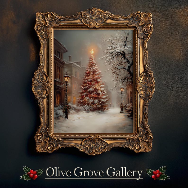 Glowing Christmas Tree Wall Art, Snowy Winter Street Scene Painting ...