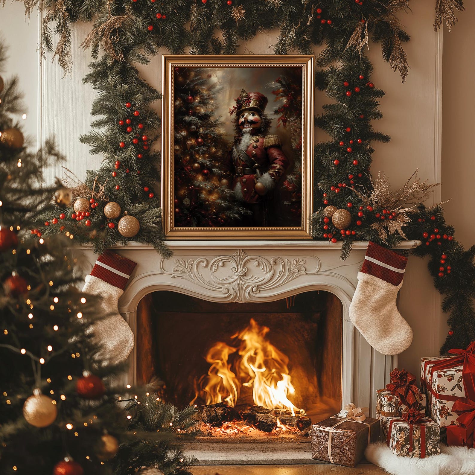 Regal Nutcracker Wall Art, Festive Christmas Tree Painting, Holiday ...