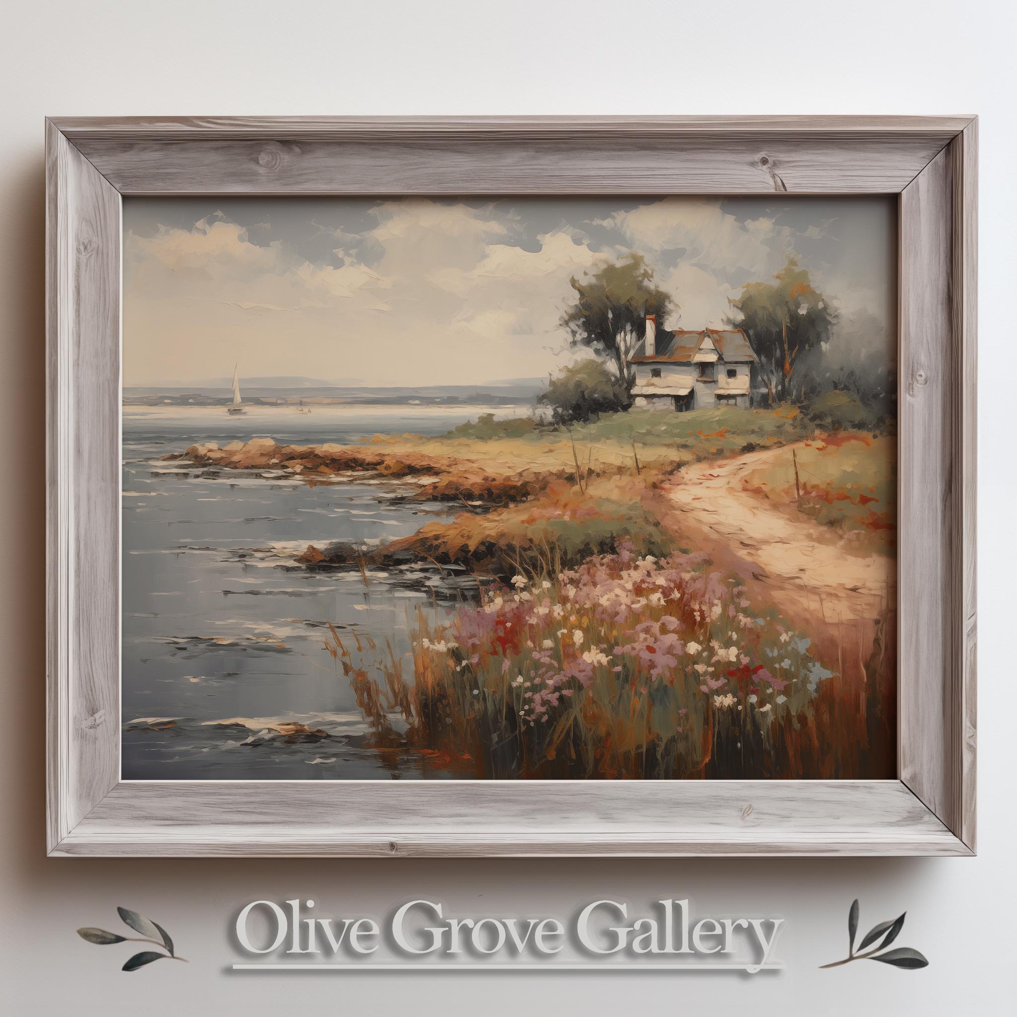 Serene Charming Coastal Cottage Oil Painting With Wildflowers by the ...