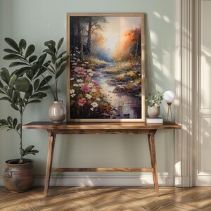 Enchanted Forest Stream Digital Painting - Bright Wildflowers, Mystical ...