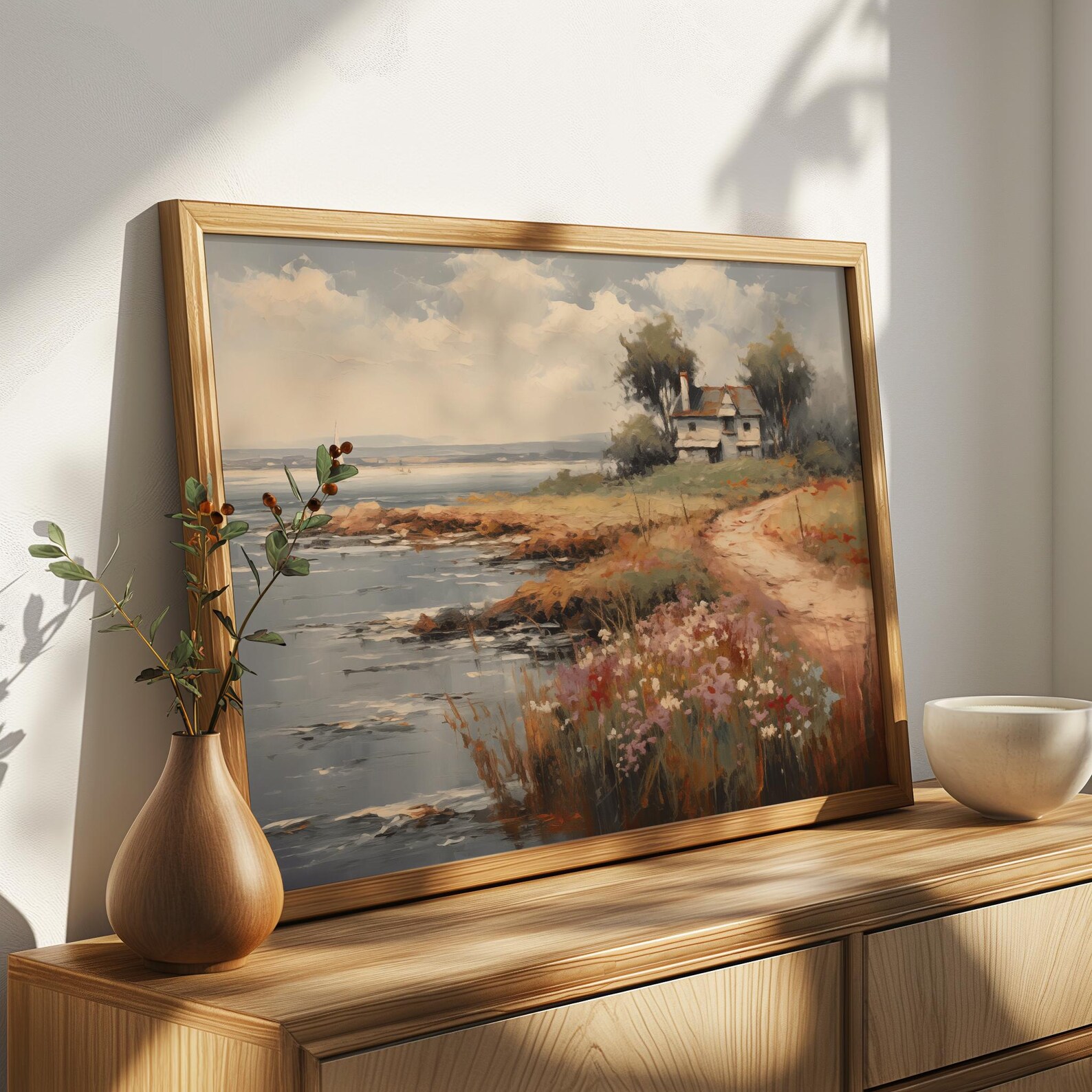 Serene Charming Coastal Cottage Oil Painting With Wildflowers by the ...