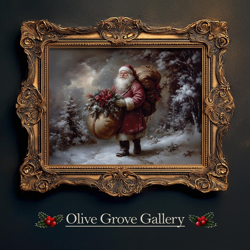 Santa Claus Christmas Wall Art, Festive Holiday Painting, Magical Snowy ...
