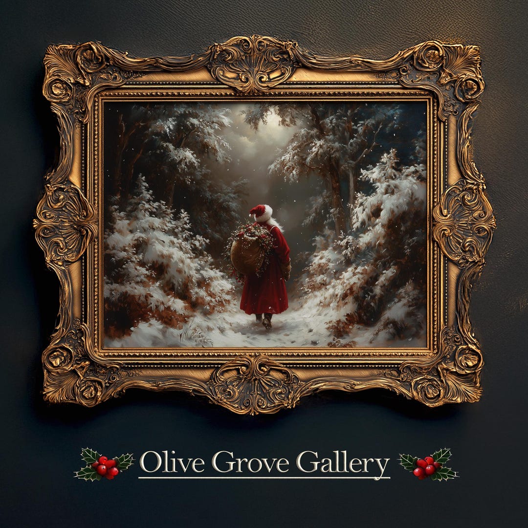 Santa Claus in Snowy Forest Wall Art, Festive Winter Scene Painting ...