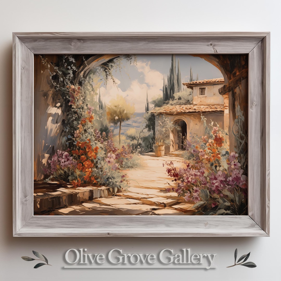 Vintage Tuscan Garden Wall Art Rustic Courtyard Painting Summer Flowers ...