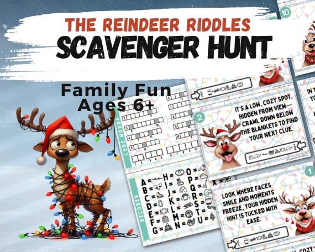 Reindeer Scavenger Hunt Game for Kids Printable Puzzles, Clues and ...
