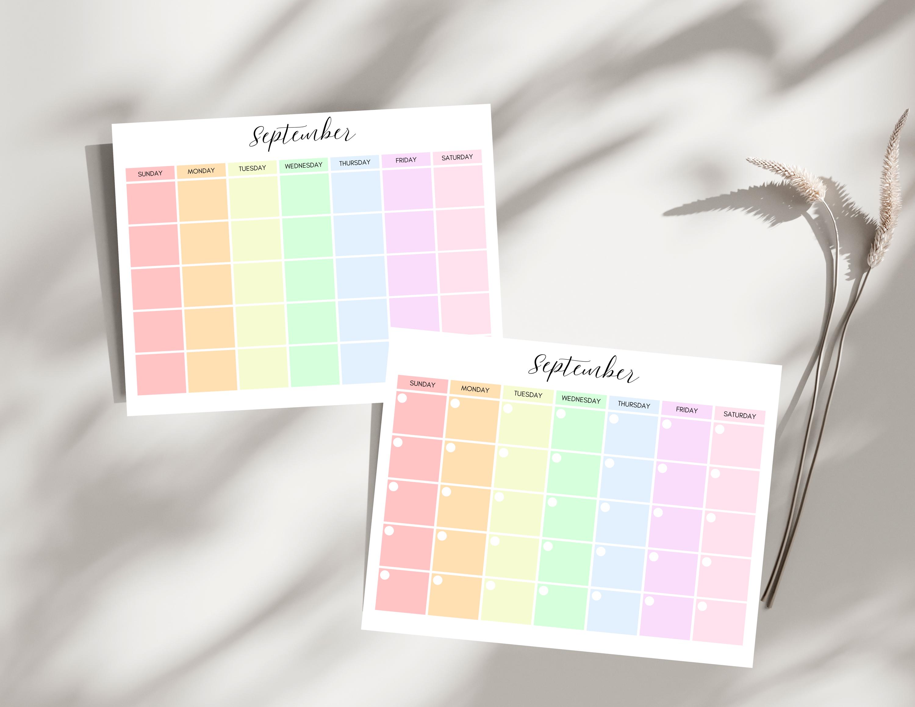Calendar Printable PDF – Sunday & Monday Start – Blank + White Date ...