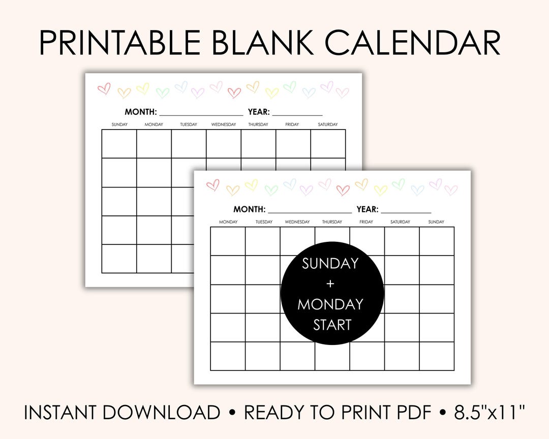 Undated Monthly Calendar Printable With Hearts – Sunday & Monday Start ...