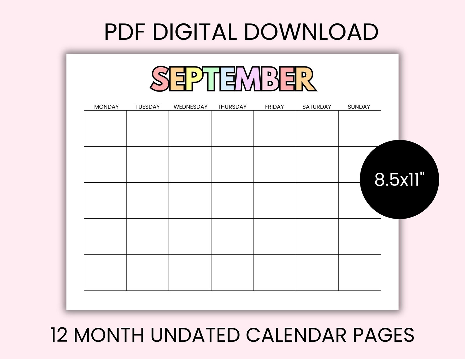 Pastel Calendar Printable PDF | Rainbow Monthly Calendar | Sunday ...