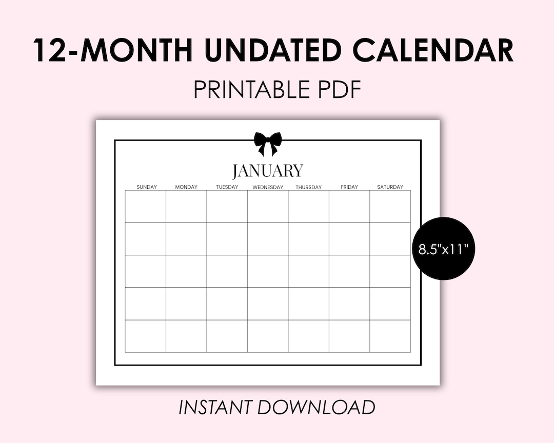12-month Undated Printable Calendar PDF – Bow Minimalist Calendar ...