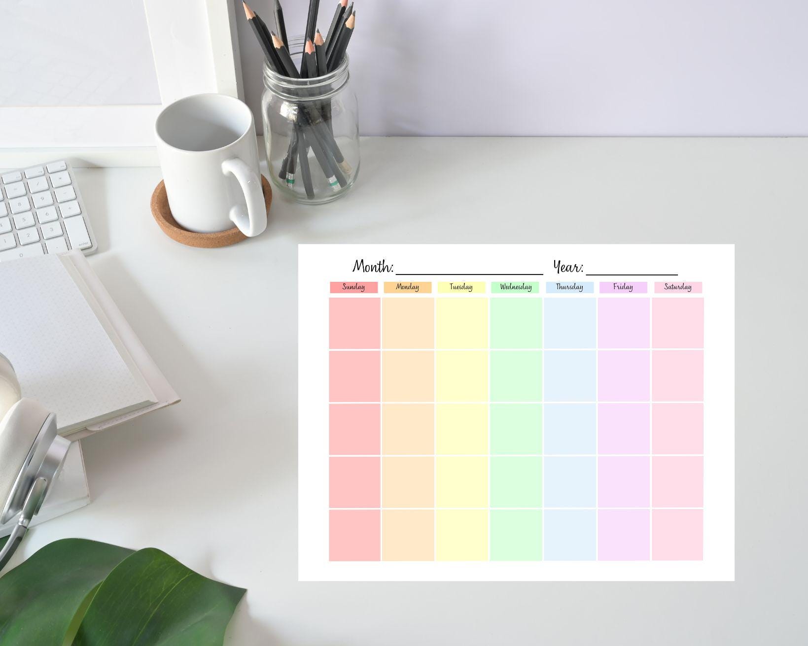 Pastel Rainbow Undated Monthly Calendar Printable – Sunday & Monday ...