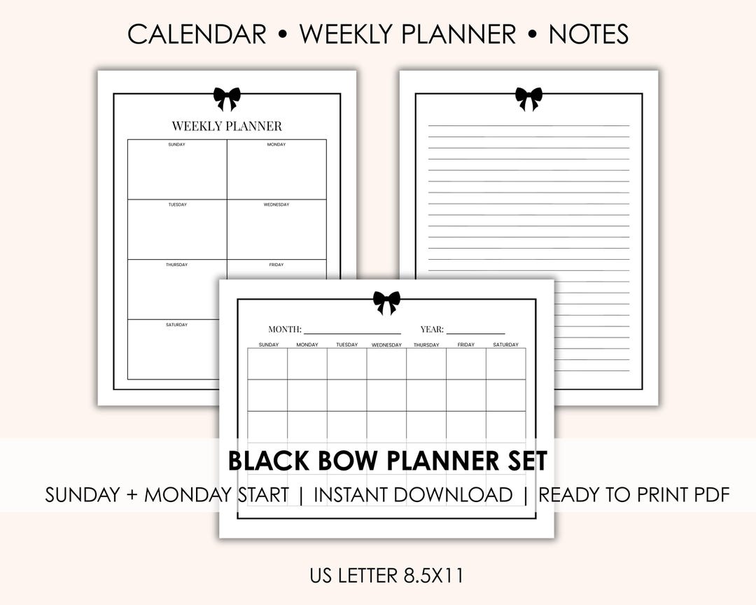 Black Bow Printable Planner Set | Undated Calendar, Weekly Planner ...