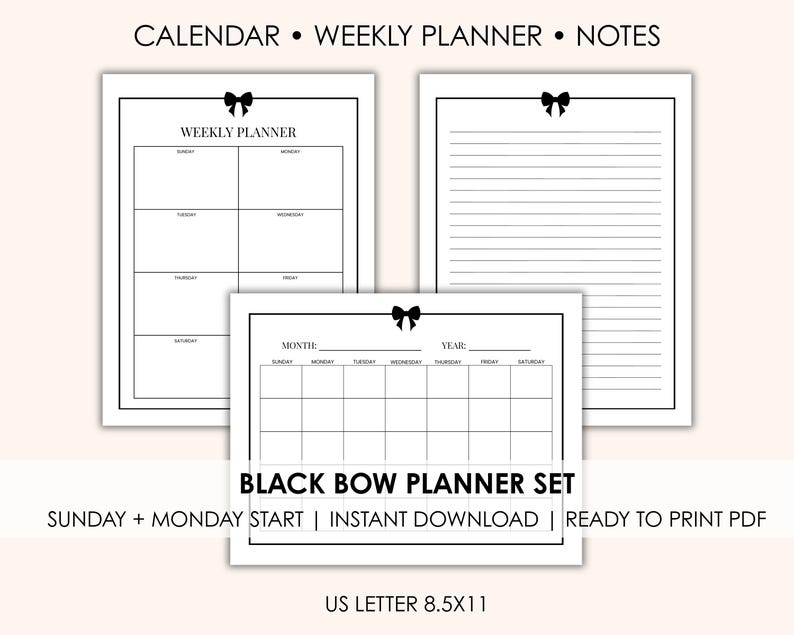 Black Bow Printable Planner Set | Undated Calendar, Weekly Planner ...
