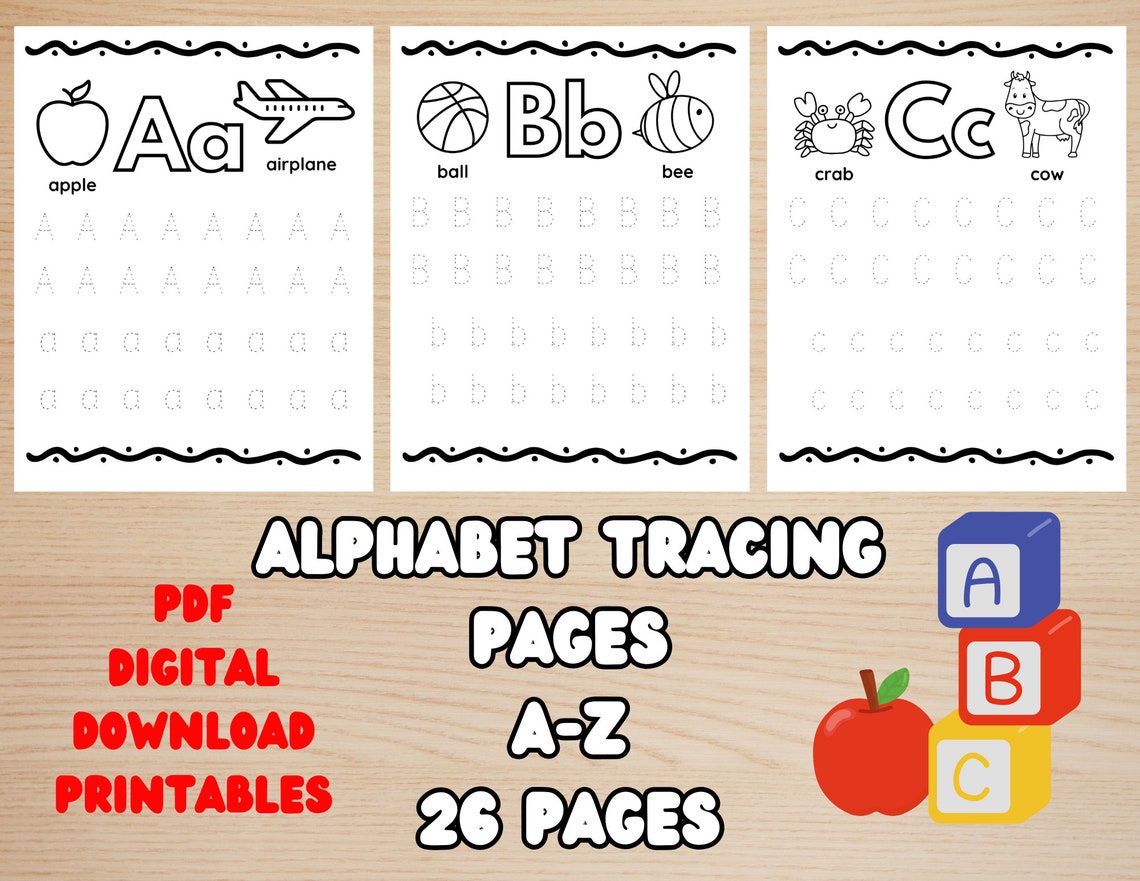Printable Alphabet Tracing Pages A to Z Lowercase and Uppercase Letters ...