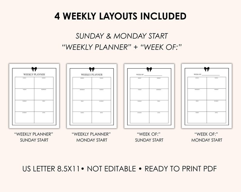 Black Bow Printable Planner Set | Undated Calendar, Weekly Planner ...