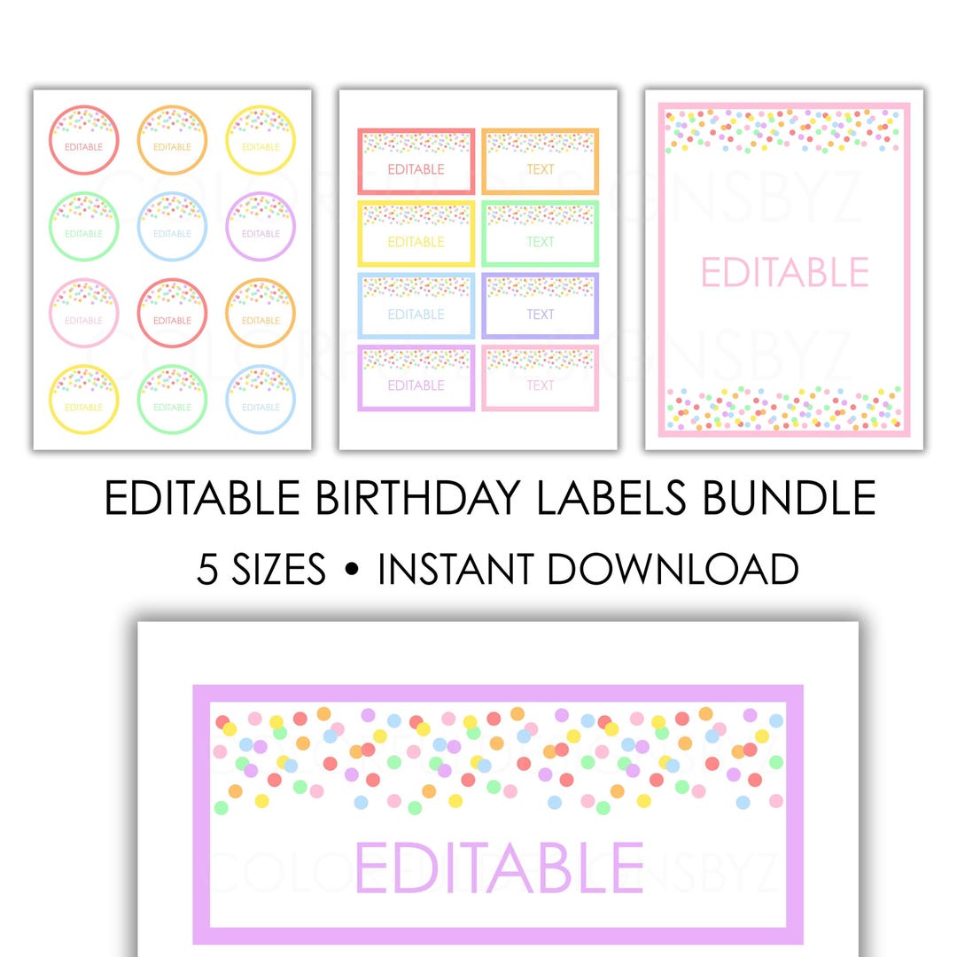 Editable Birthday Labels Bundle, Rainbow Confetti Party Printables - Etsy