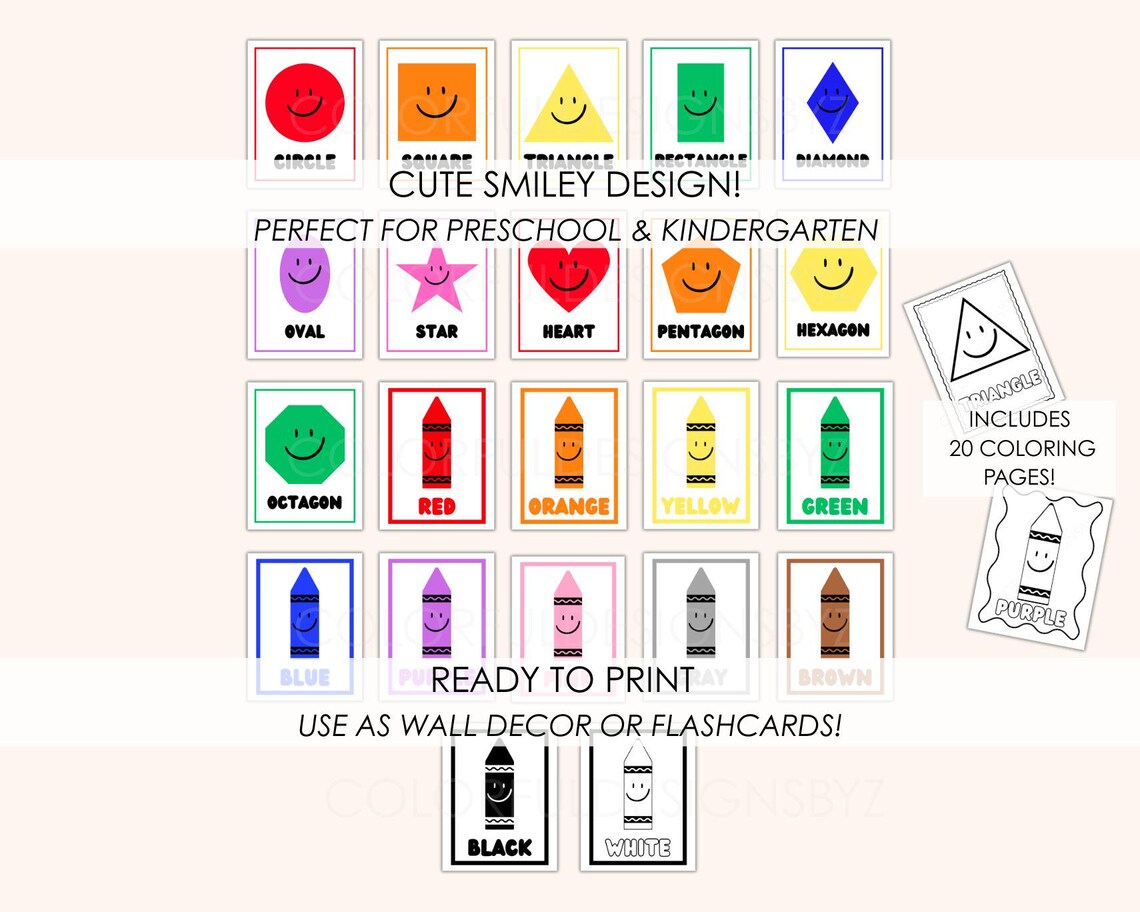 Shapes and Colors Posters + Flashcards + Coloring Pages Bundle | Bright ...