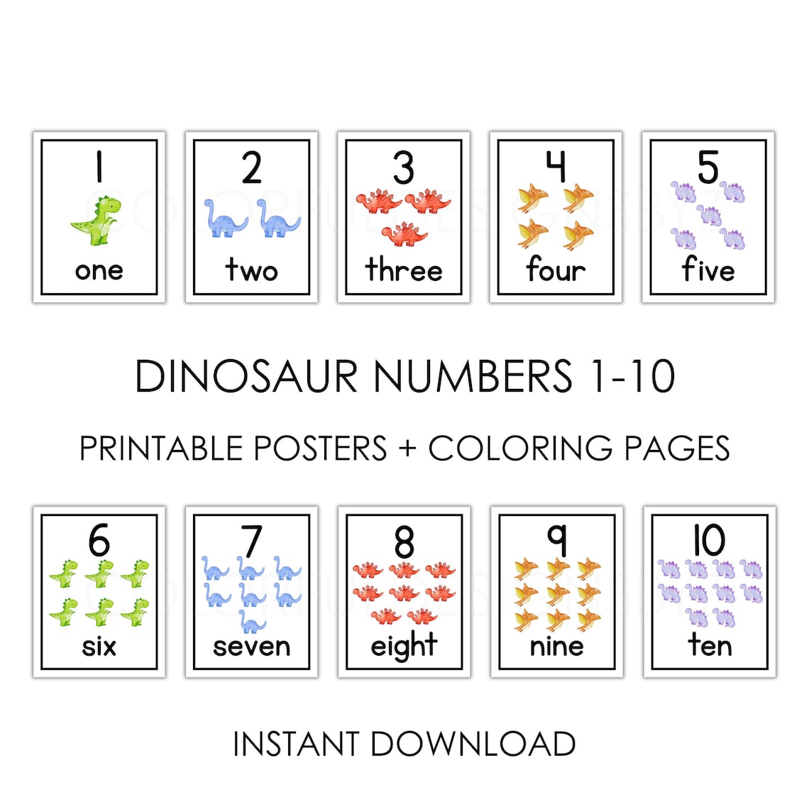 Dinosaur Numbers 1-10 Posters Printable + Coloring Pages - Etsy