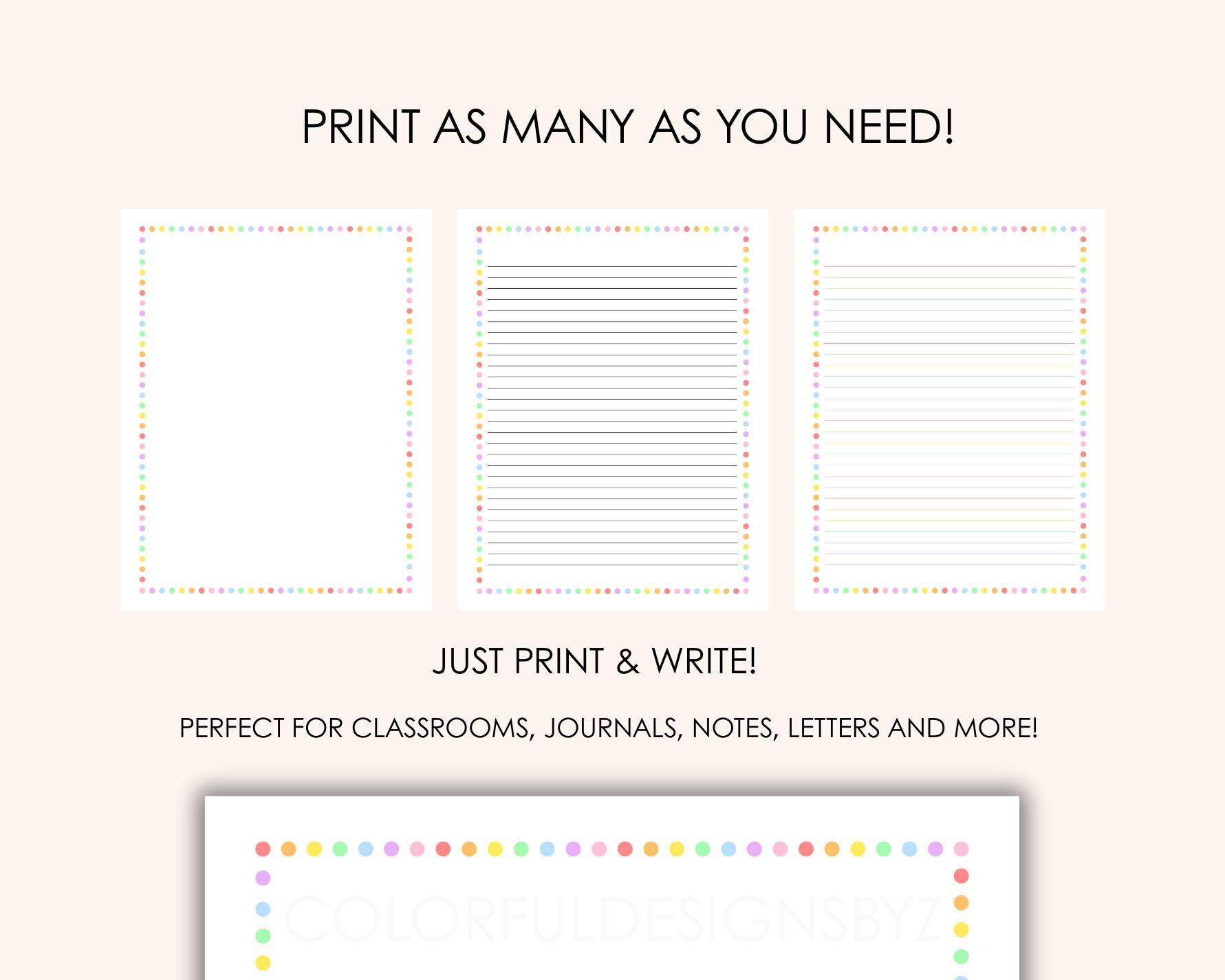 Pastel Rainbow Dot Writing Paper Printable | Cute Lined & Blank ...