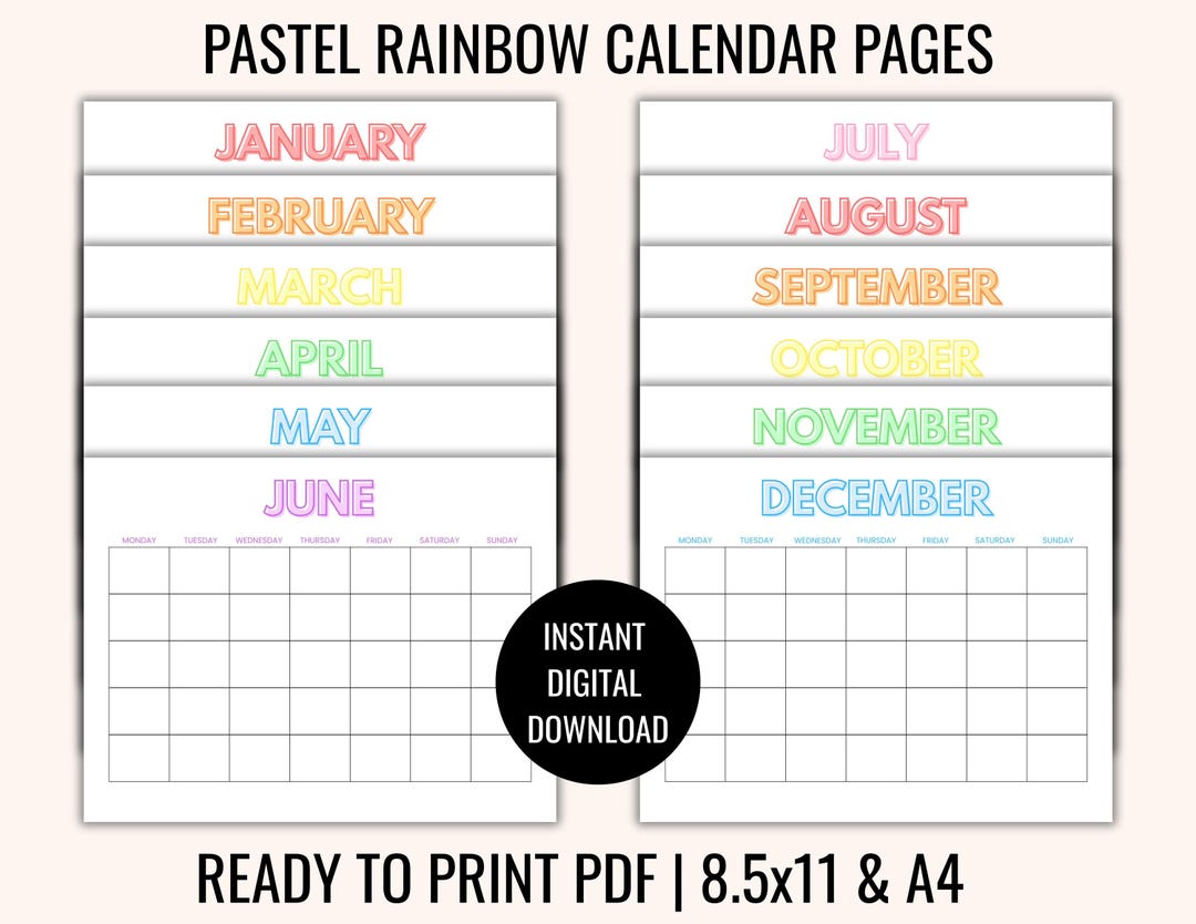 Monthly Calendar Printable – 12 Month PDF Set – US Letter + A4 – Sunday ...