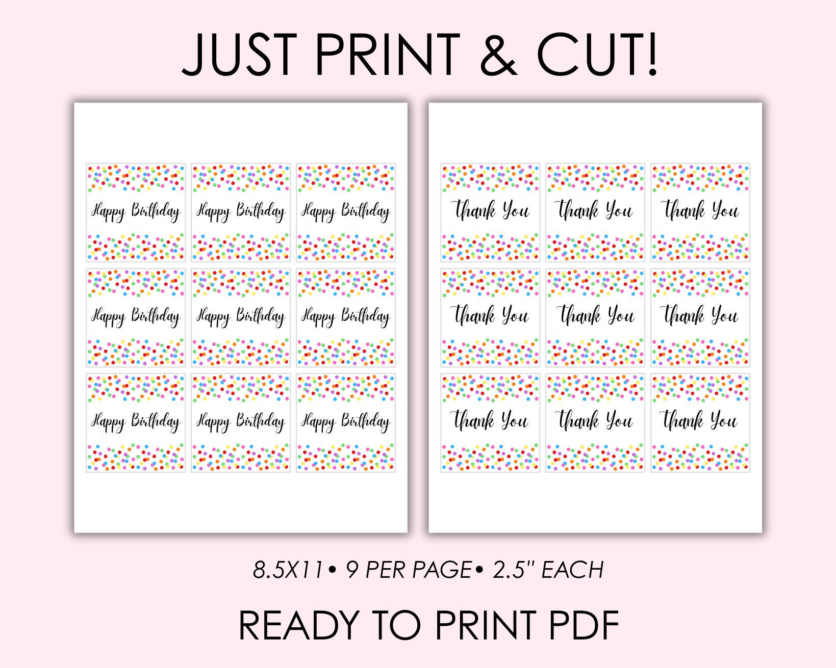 Printable Confetti Tags – Happy Birthday & Thank You – 2.5" Square – 9 ...