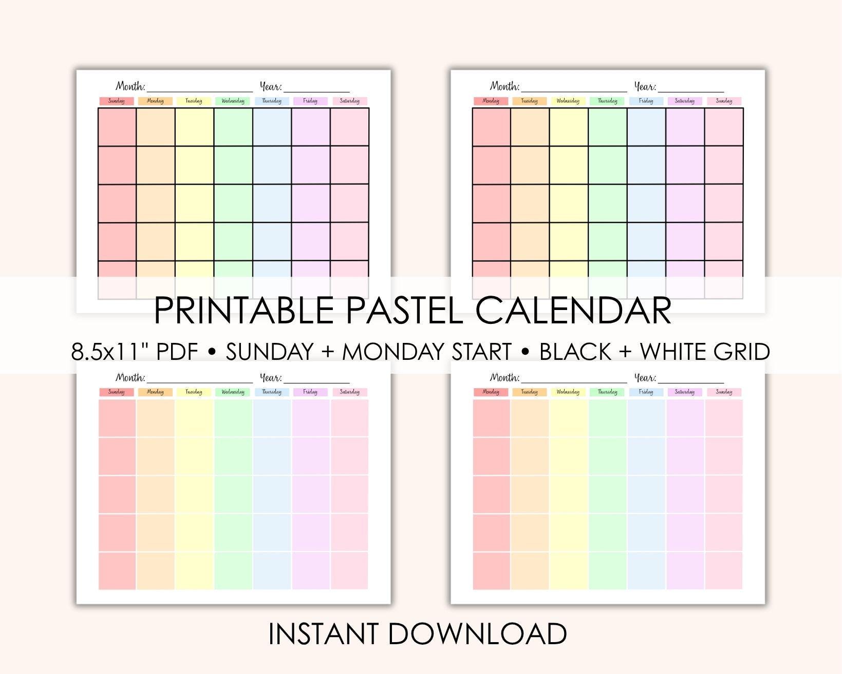 Pastel Rainbow Undated Monthly Calendar Printable – Sunday & Monday ...