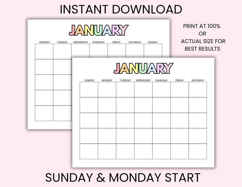 Pastel Calendar Printable PDF | Rainbow Monthly Calendar | Sunday ...