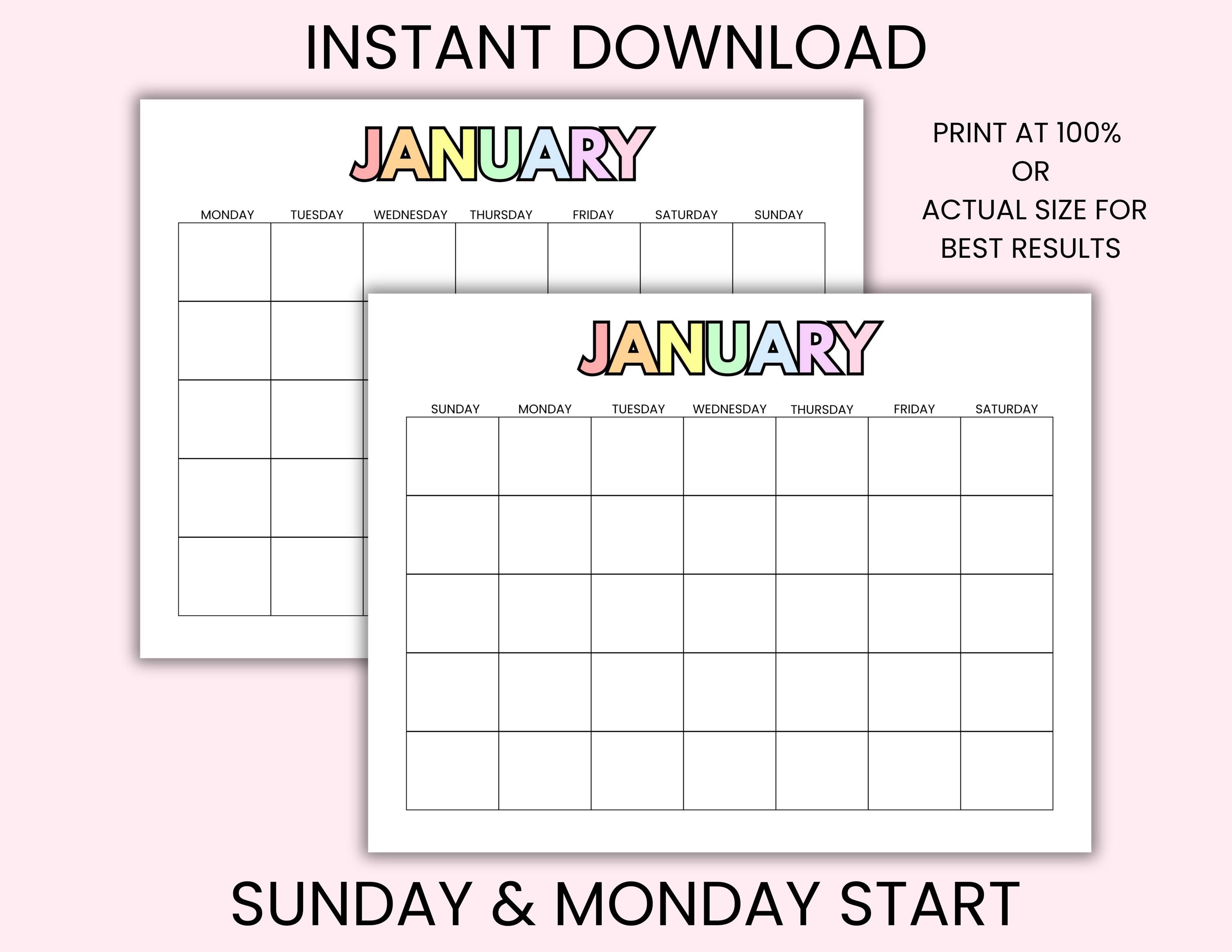 Pastel Calendar Printable PDF | Rainbow Monthly Calendar | Sunday ...